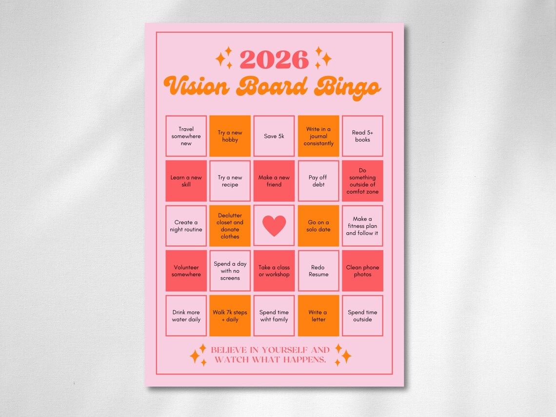 2026 Vision Board Bingo Printable, New Year Goals, Resolution Tracker ...