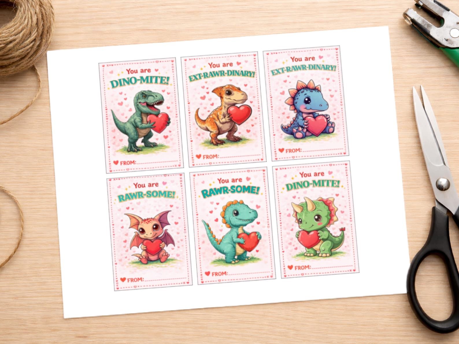 Kids Dinosaur Valentines Day Cards, Printable Valentines Day Tags, Kid ...