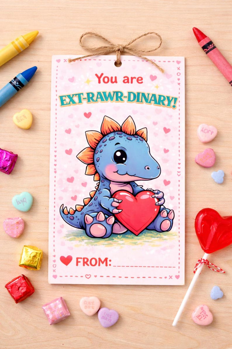 Kids Dinosaur Valentines Day Cards, Printable Valentines Day Tags, Kid ...