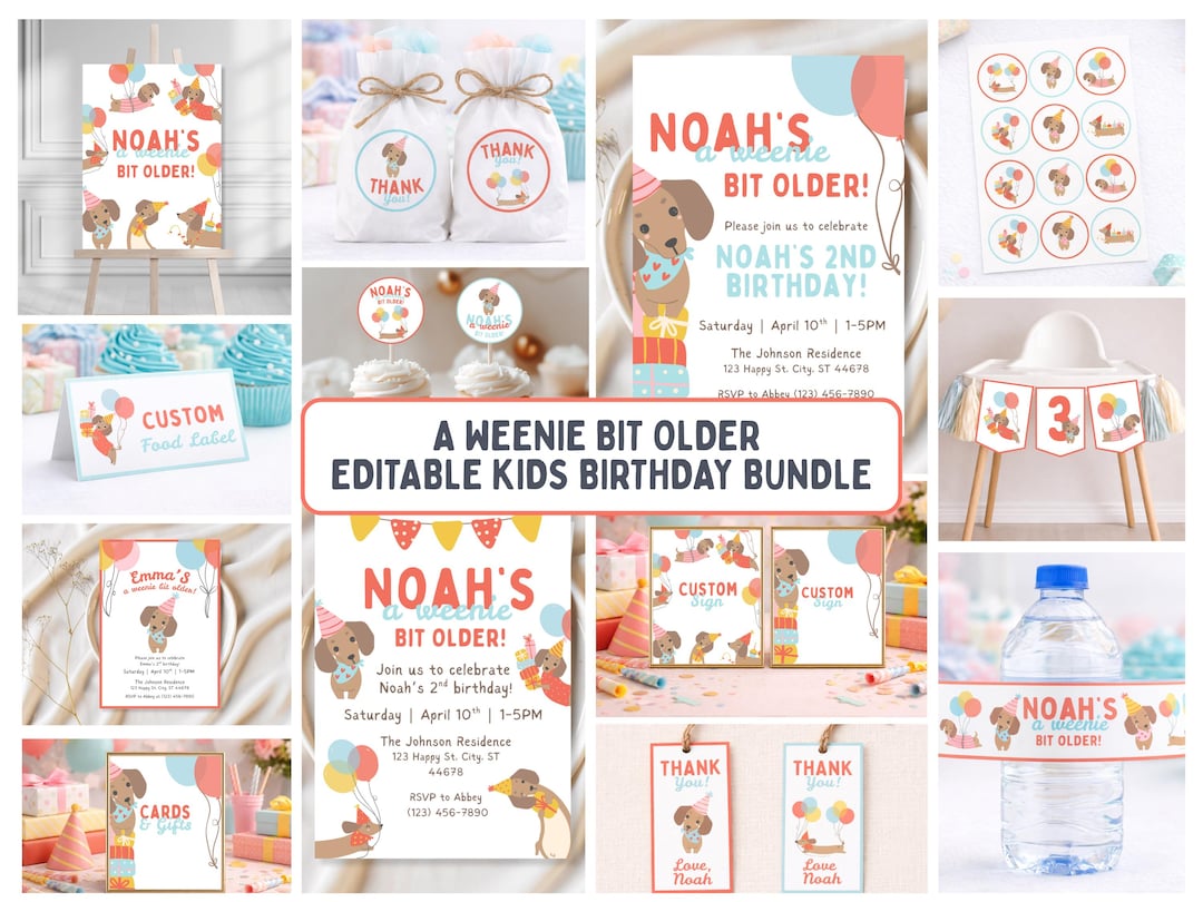 Editable Weiner Dog Birthday Bundle for Kids Birthday Theme A Weenie ...