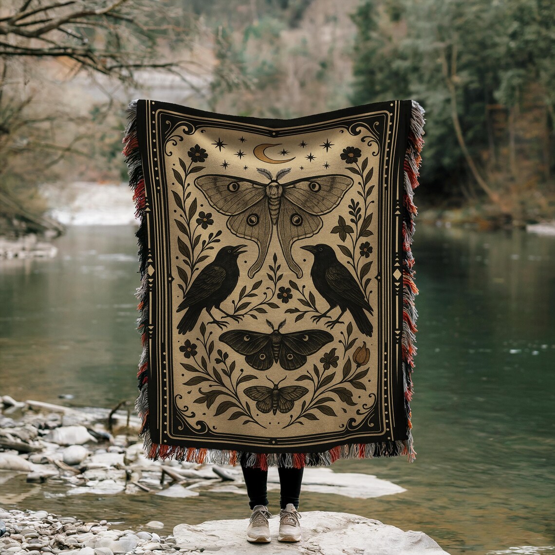 Woven Moth & Crow Blanket: Witchy Gothic Throw, USA Cotton - Etsy