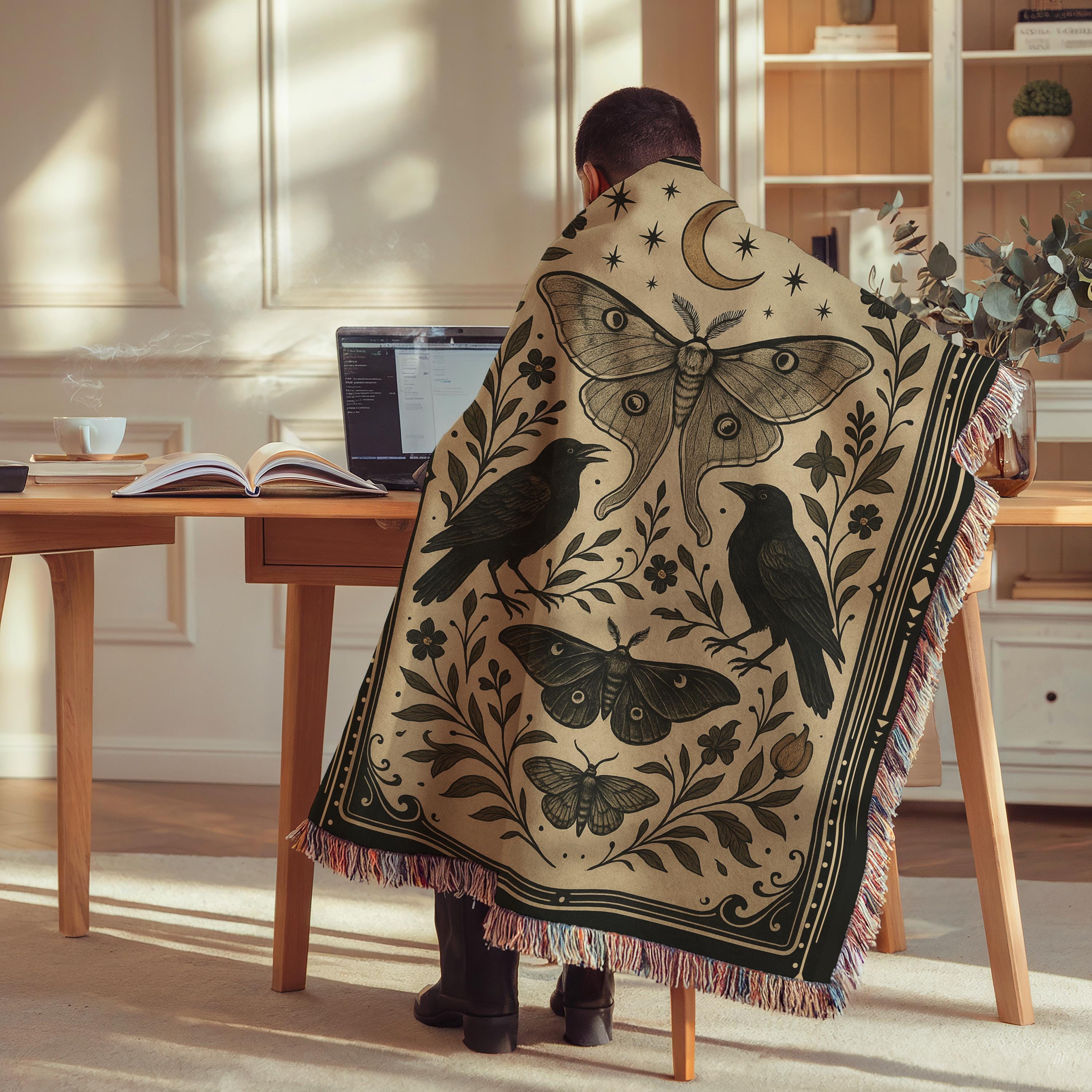 Woven Moth & Crow Blanket: Witchy Gothic Throw, USA Cotton - Etsy