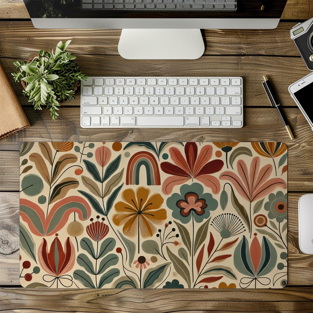 Boho Floral Mouse Pad – Folk Art Desk Mat – Large Earth Tone Gaming Pad ...