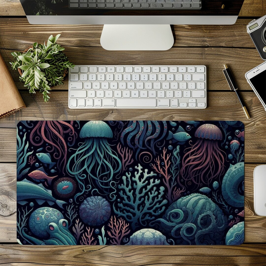 Moody Ocean Desk Mat Dark Jellyfish and Sea Life Office Accessory ...