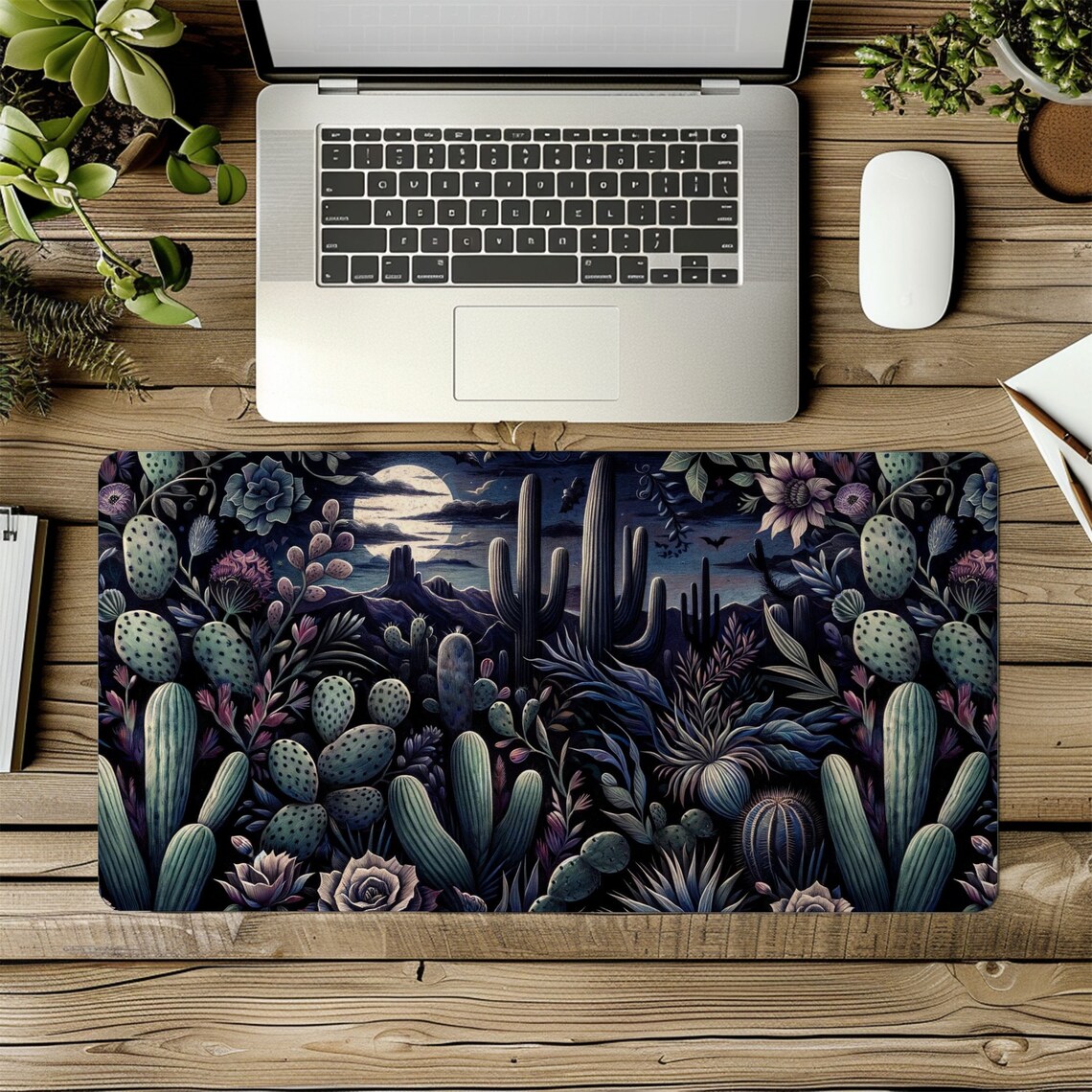 Moonlit Cactus Desk Mat: Southwest Desert Botanical Office Decor - Etsy