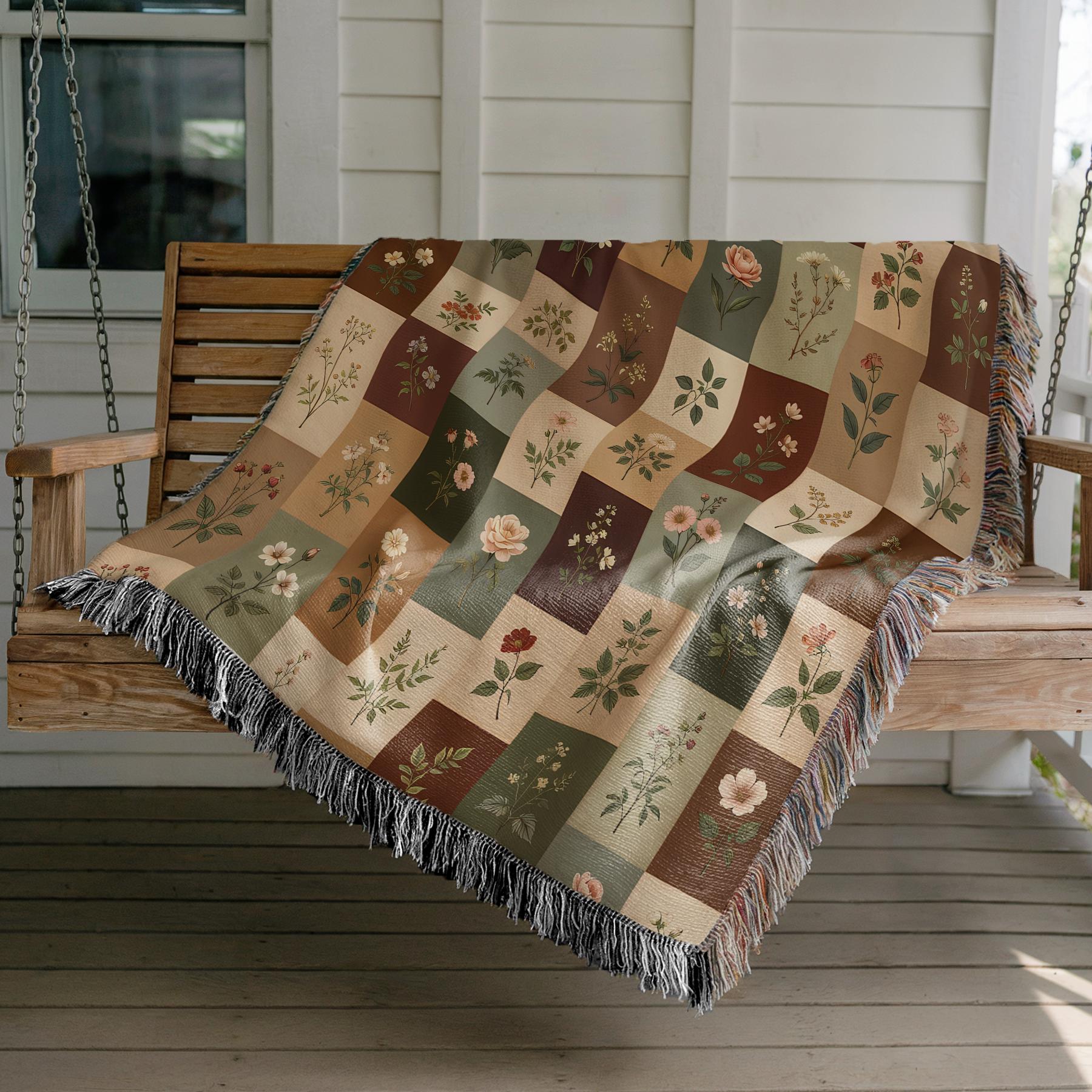 Vintage Patchwork Floral Woven Blanket – Dark Cottagecore Botanical ...
