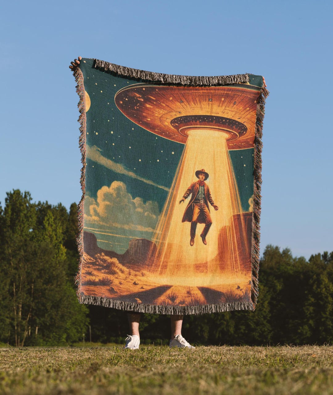UFO Cowboy Woven Blanket, Alien Abduction Tapestry Throw, Western Sci ...