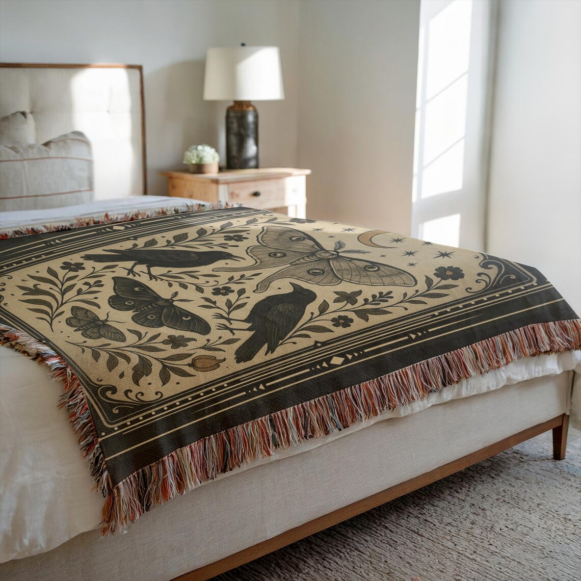 Woven Moth & Crow Blanket: Witchy Gothic Throw, USA Cotton - Etsy