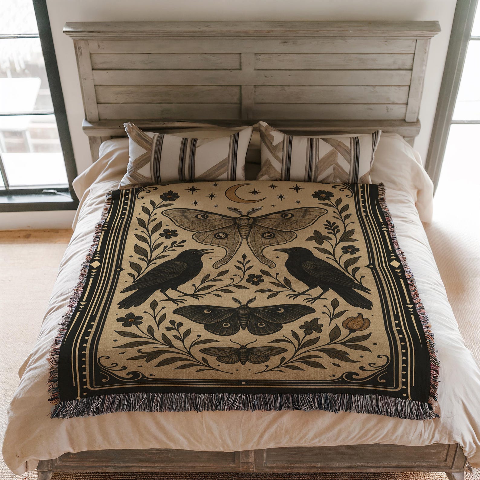 Woven Moth & Crow Blanket: Witchy Gothic Throw, USA Cotton - Etsy