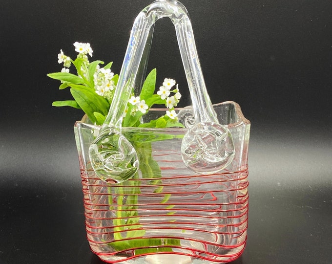 Vintage Murano Style Red and Clear Glass Purse Vase - Handblown Glass ...