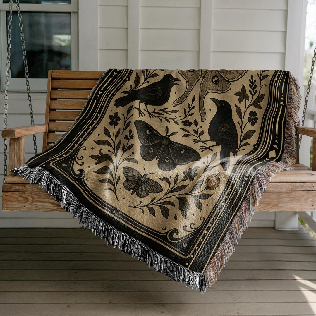 Woven Moth & Crow Blanket: Witchy Gothic Throw, USA Cotton - Etsy