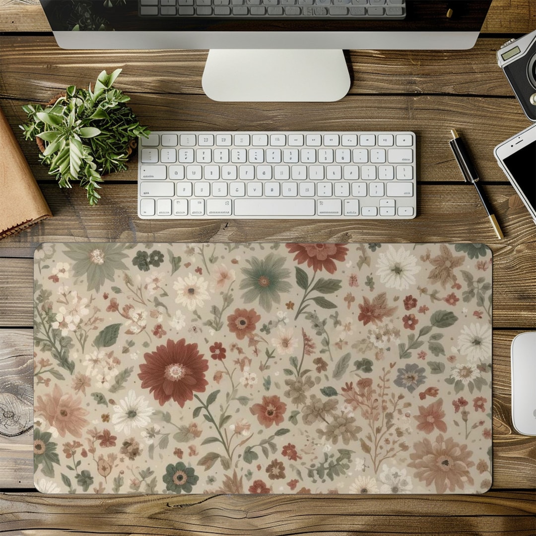 Boho Wildflower Desk Mat, Neutral Floral Mouse Pad, Cottagecore Desk ...