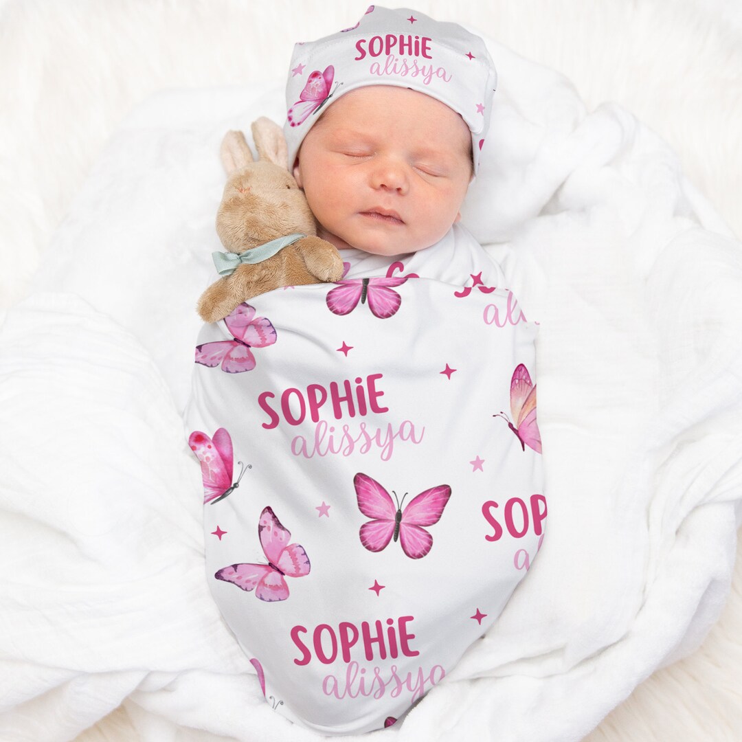 Pink Butterfly Swaddle With Name, Soft & Stretchy Swaddle Set ...