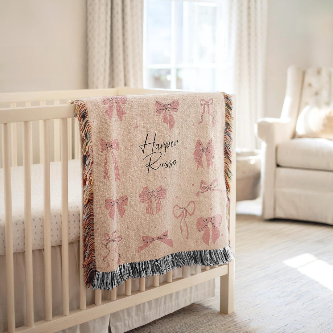 Bow Baby Blanket With Name Baby Blanket Coquette Woven Cotton Fringe ...