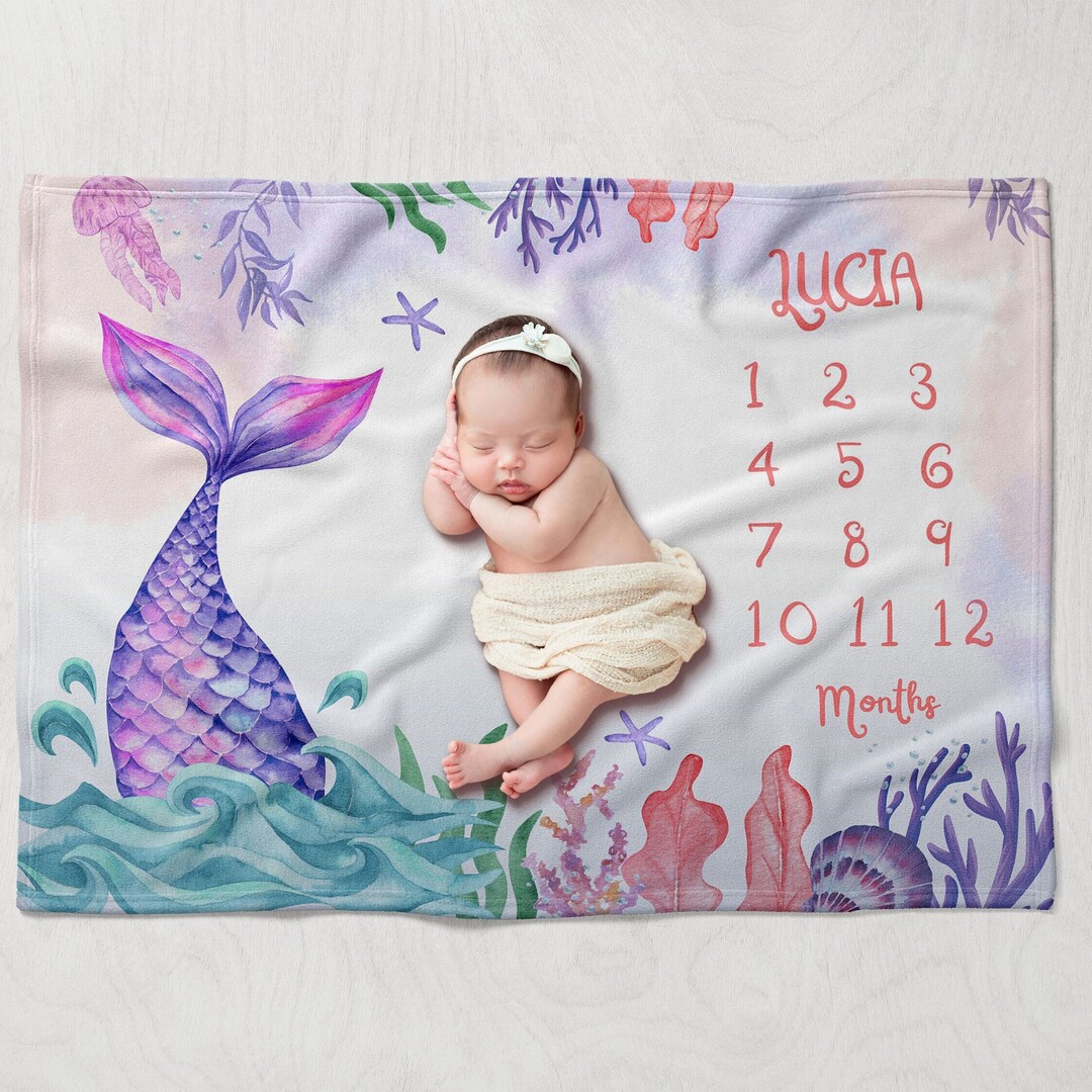 Personalized Mermaid Milestone Blanket Girl Purple Pink Under the Sea ...