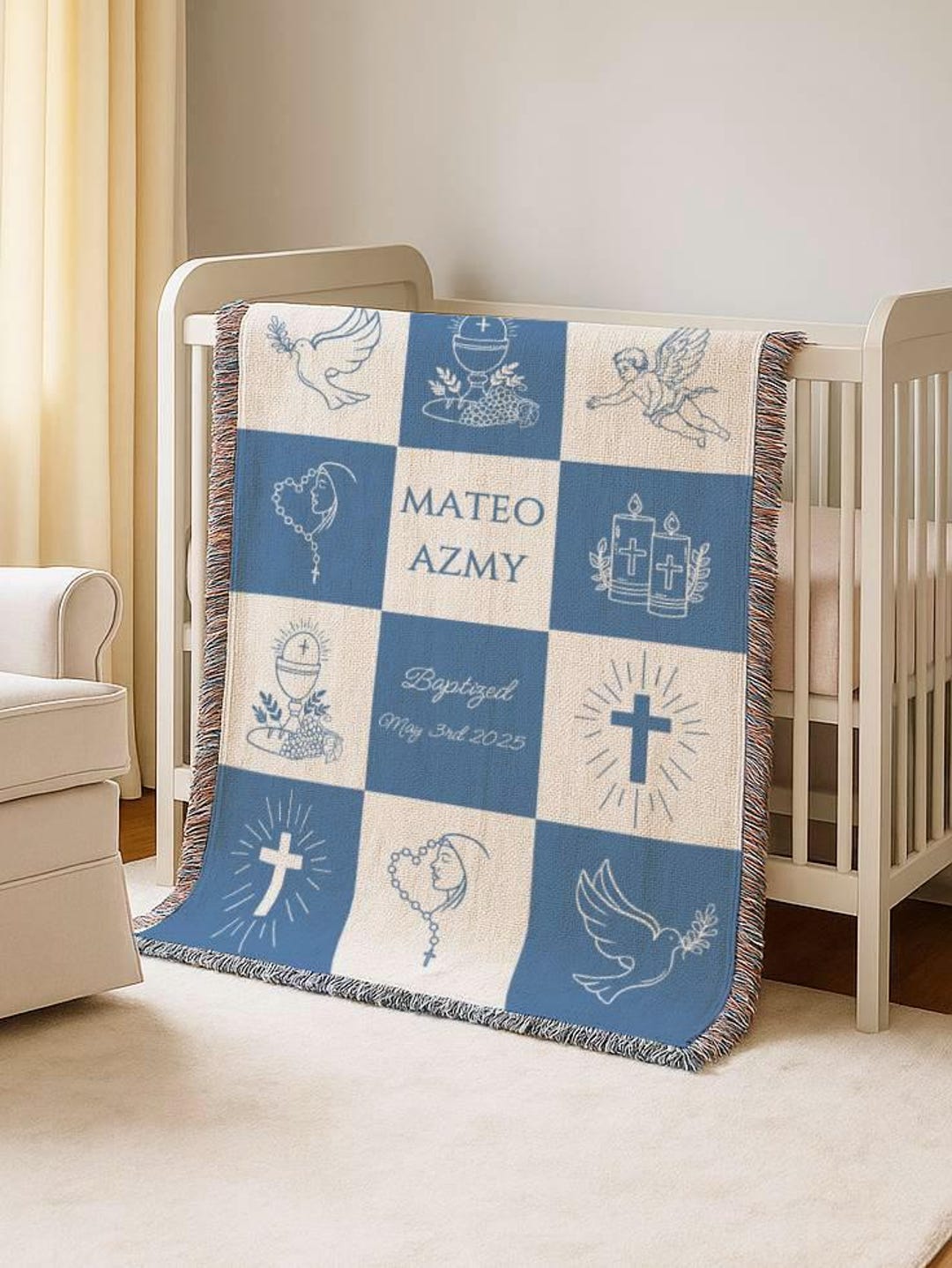 Baptism Baby Blanket Personalized 100% Cotton Woven Blanket or Fleece ...