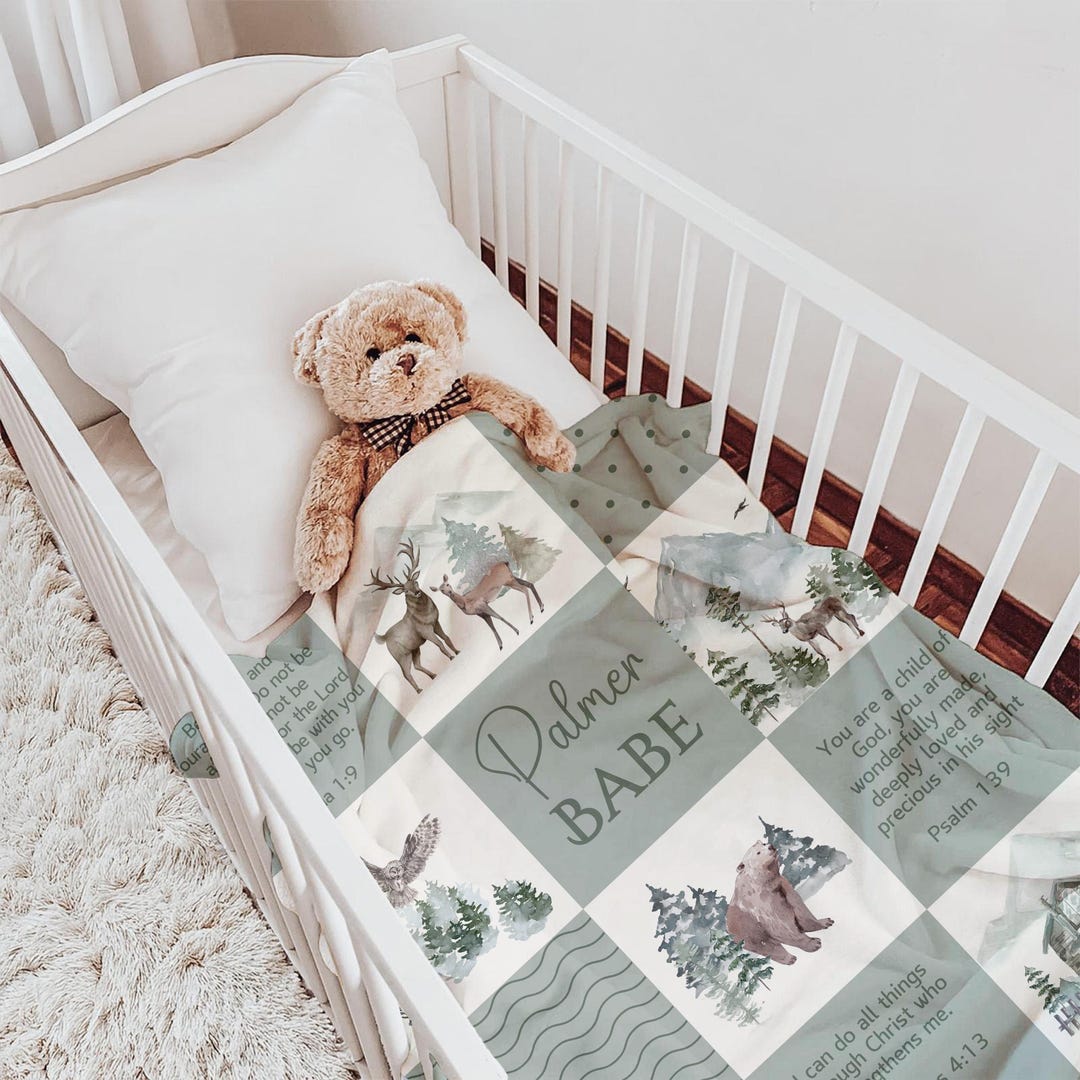 Woodland Scripture Baby Blanket Sage Green Forest Animals Patchwork ...