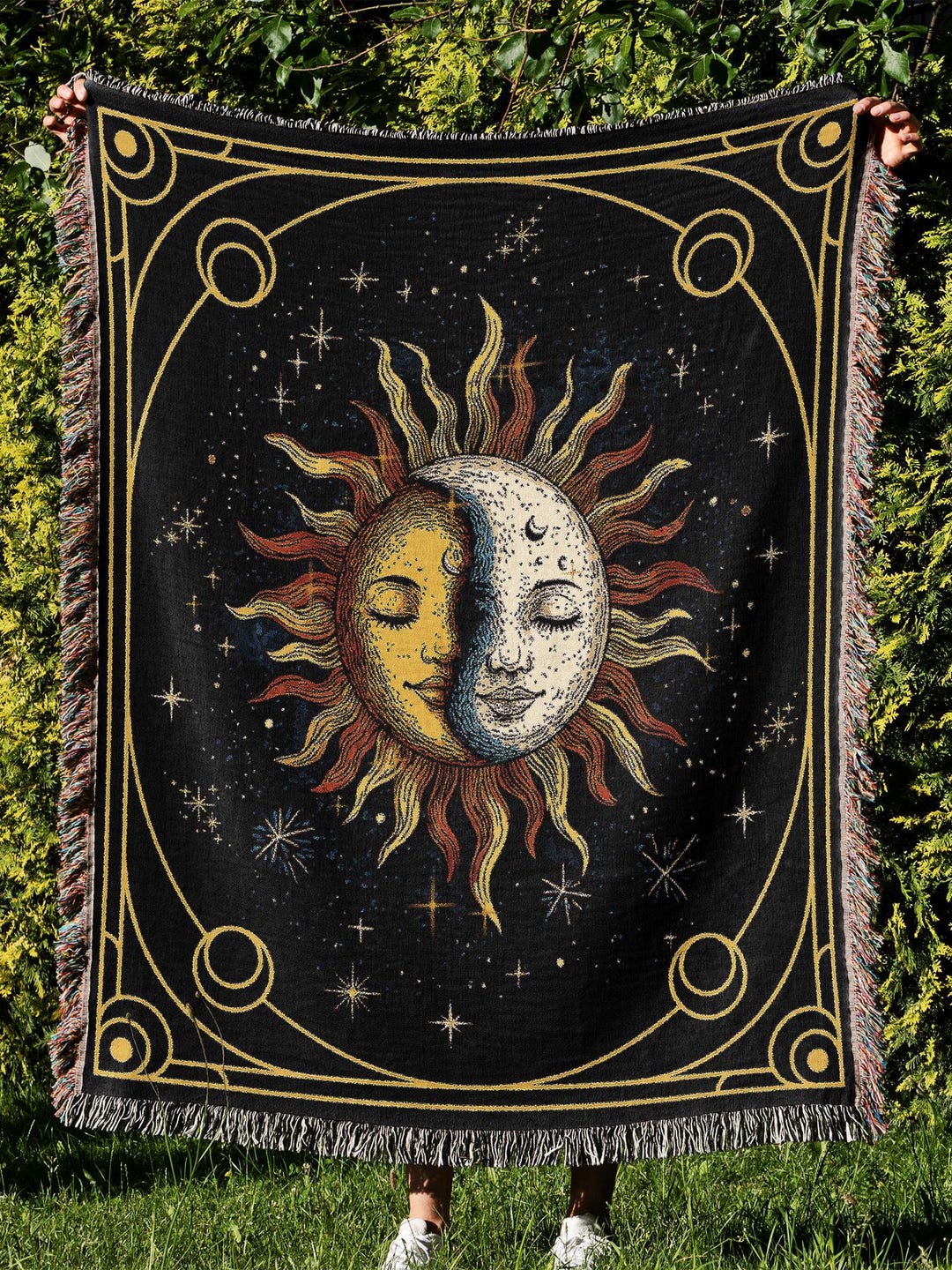 Crescent Sun and Moon Tapestry Celestial Woven Throw Vintage Sun ...