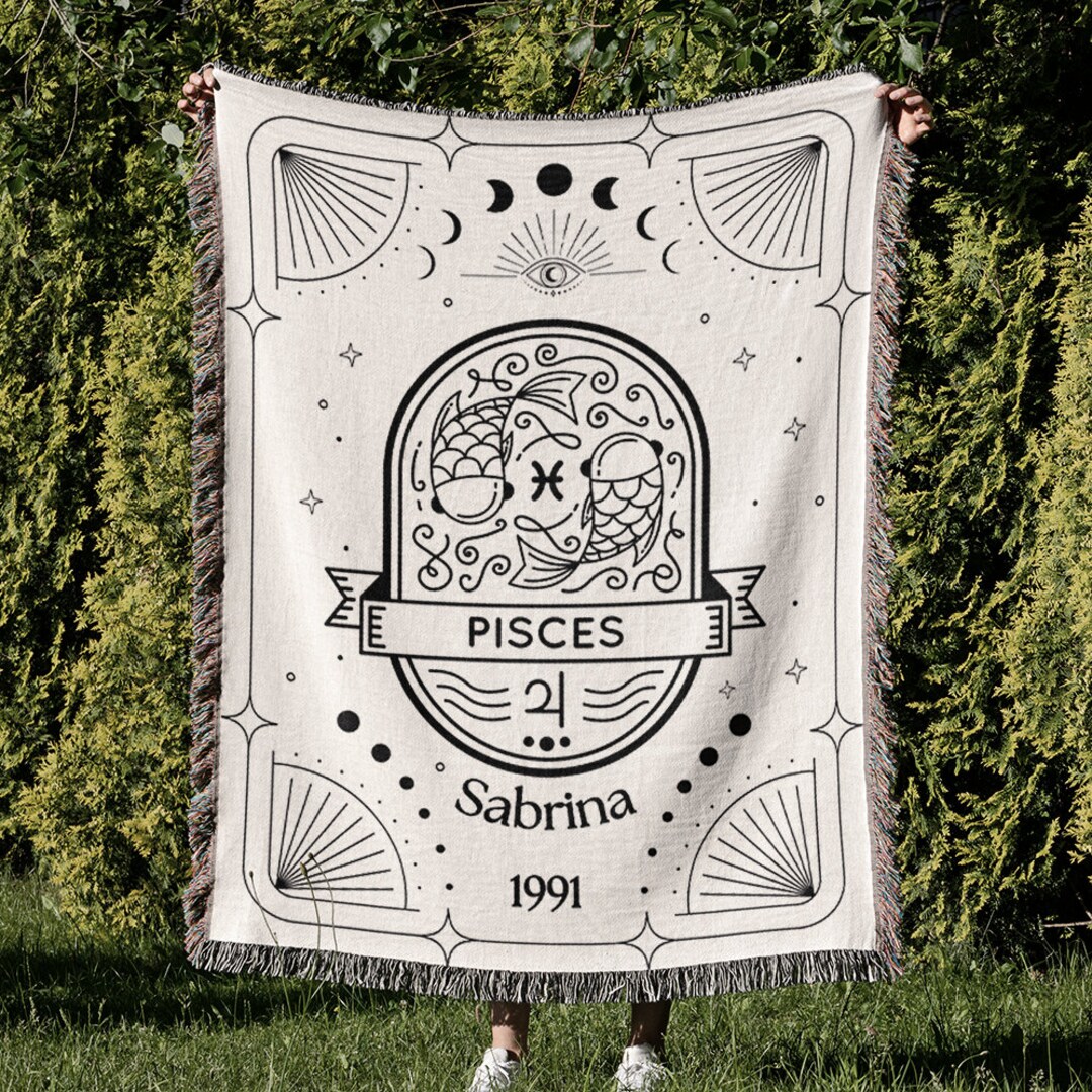 Pisces Zodiac Tapestry Blanket With Name, Black & White Astrology Woven ...