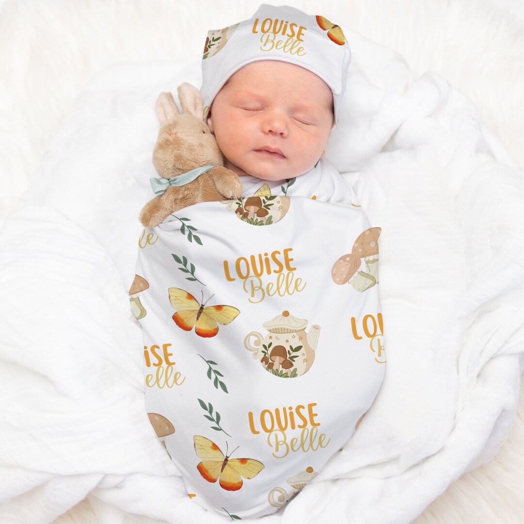 Sunny Tea Party Swaddle With Name, Custom Soft & Stretchy Swaddle Set ...