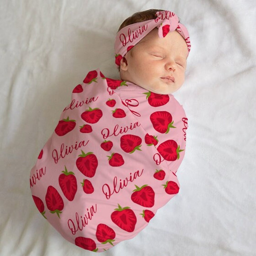 Pink Strawberry Swaddle With Name, Personalized Newborn Baby Girl ...