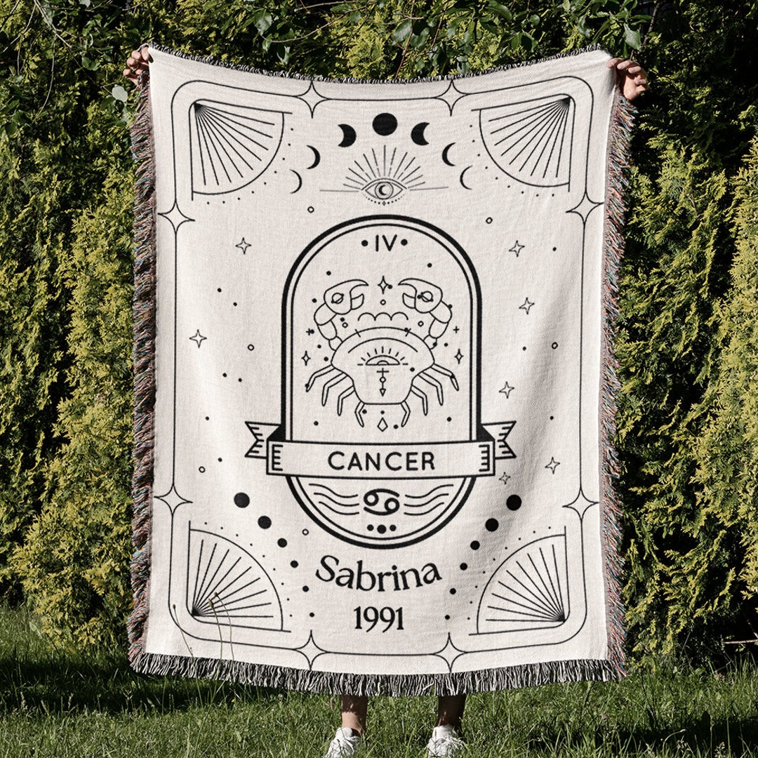 Cancer Zodiac Tapestry Blanket With Name, Black & White Astrology Woven ...