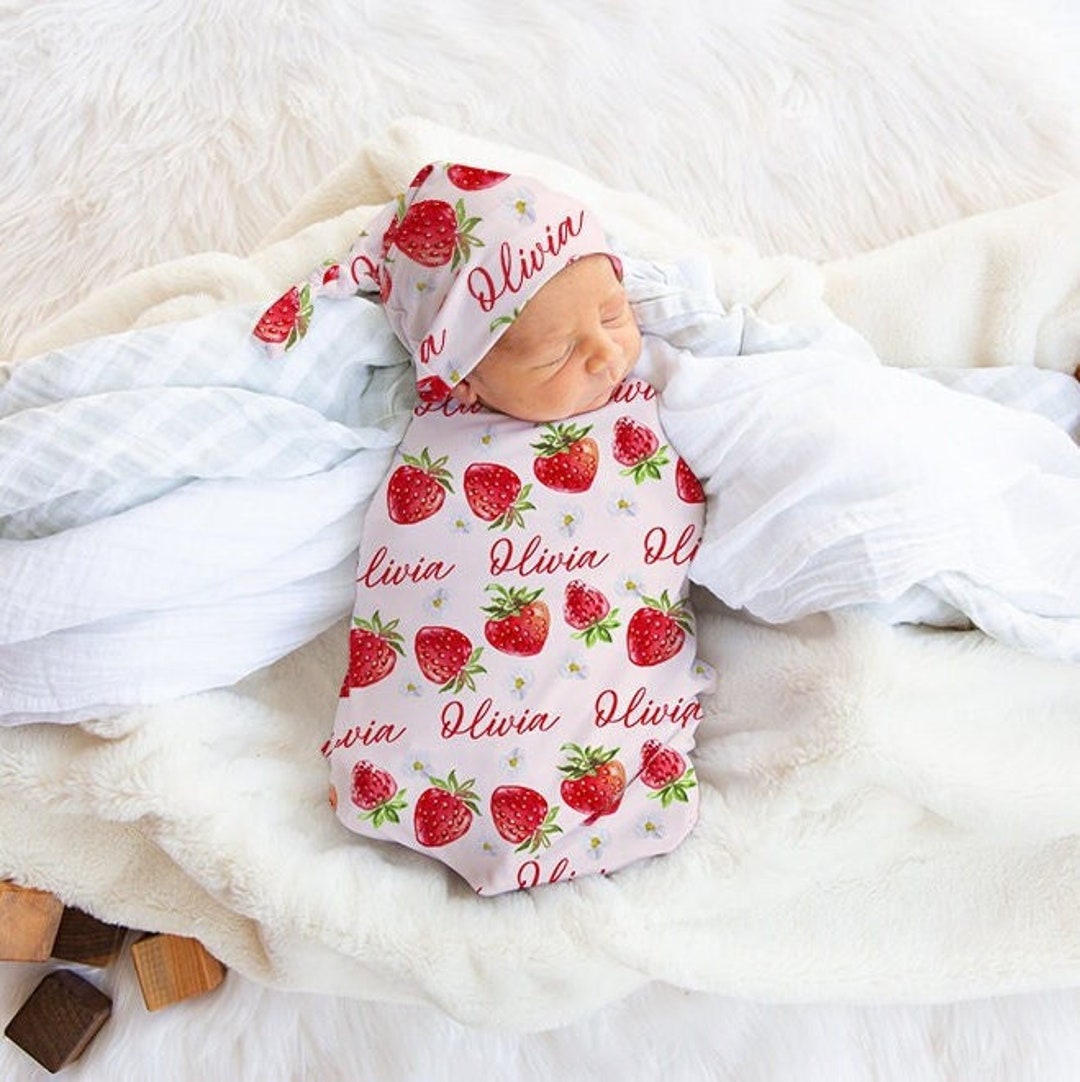 Pink Strawberry Swaddle With Name, Personalized Newborn Baby Girl ...