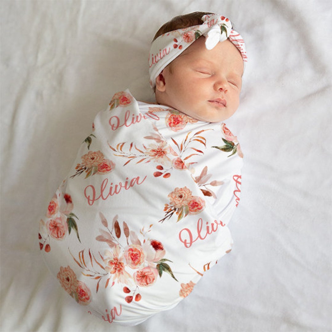 Boho Floral Swaddle With Name, Coral Pink Swaddle Blanket Set, Hospital ...