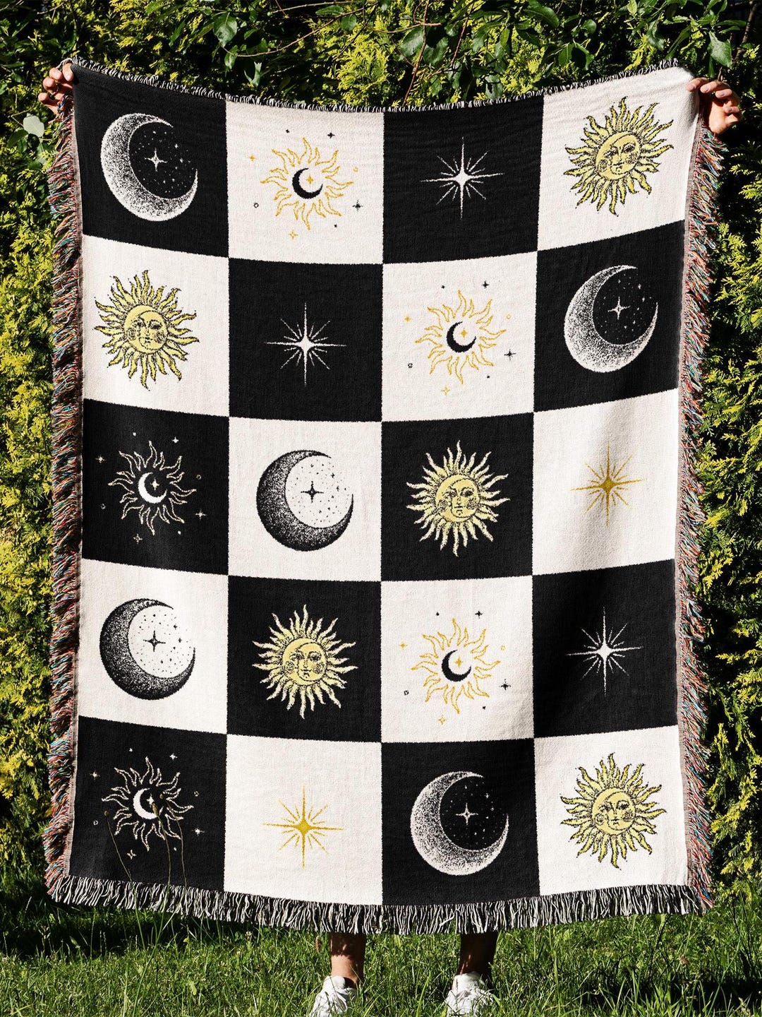 Celestial Patchwork Woven Throw Black and White Moon and Sun Faux Quilt Cosmic Dorm Decor ...
