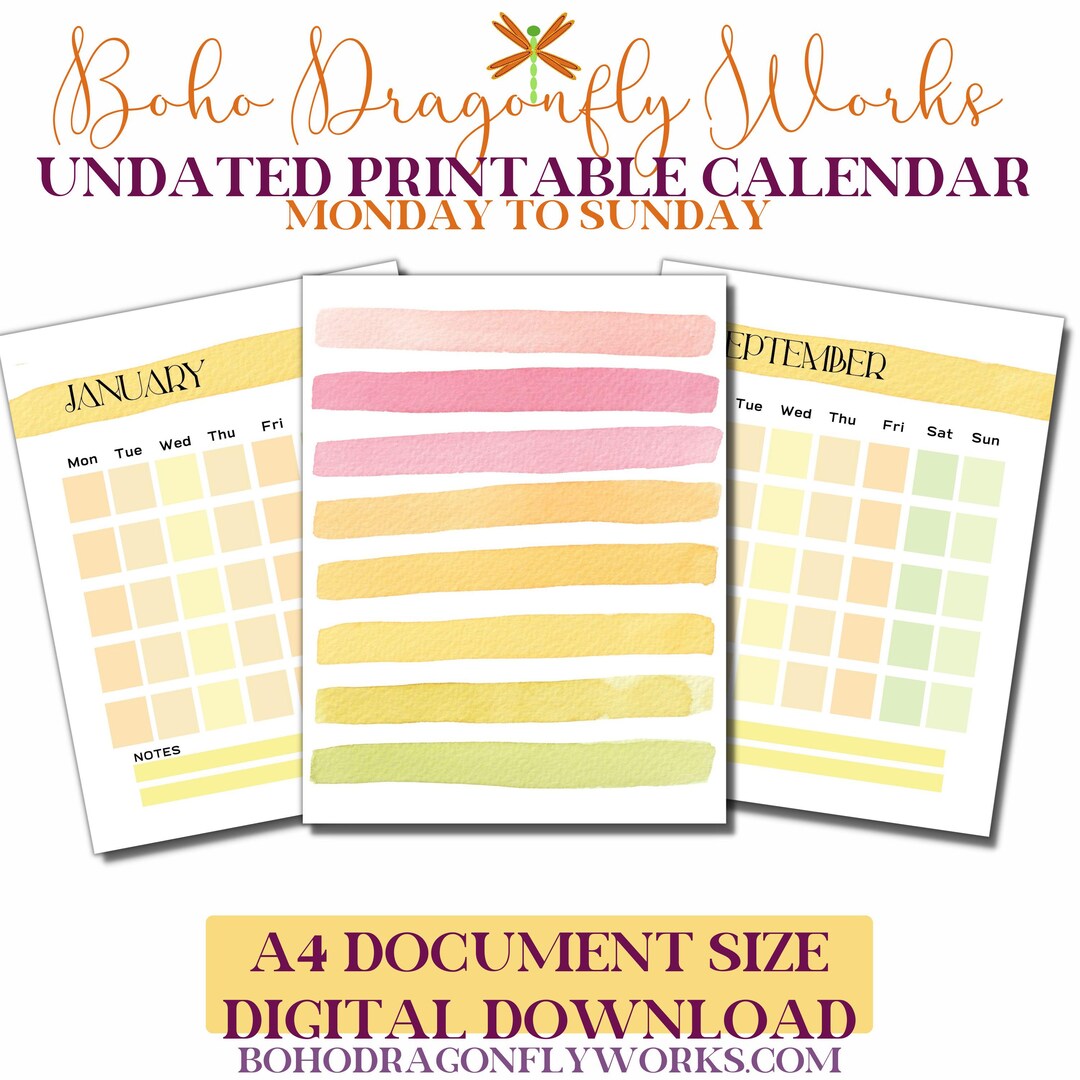 Warm Pastel Watercolor Undated Calendar Printable A4 (PDF Download) - Etsy