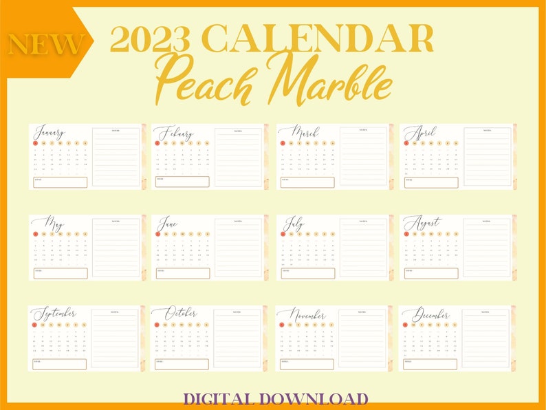 2023 Calendar Printable W/ Notes Section Peach Marble Style - Etsy ...