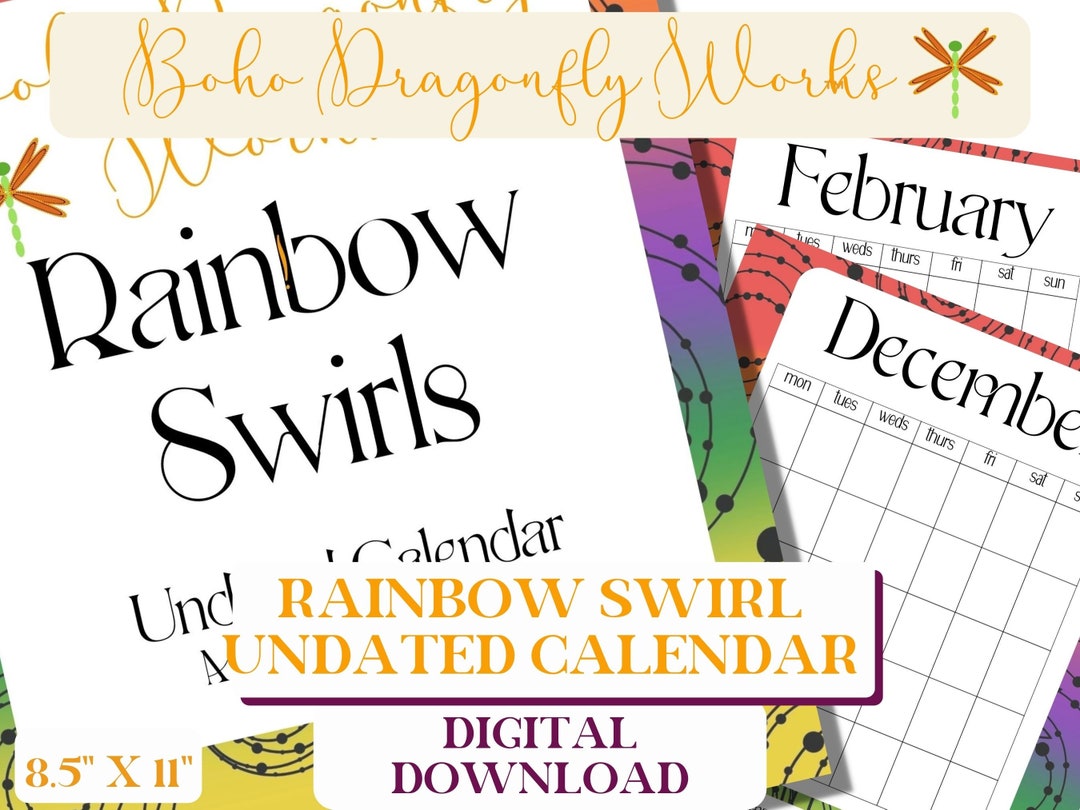 Undated Monthly Calendar Printable | Rainbow Swirls (PDF Digital ...