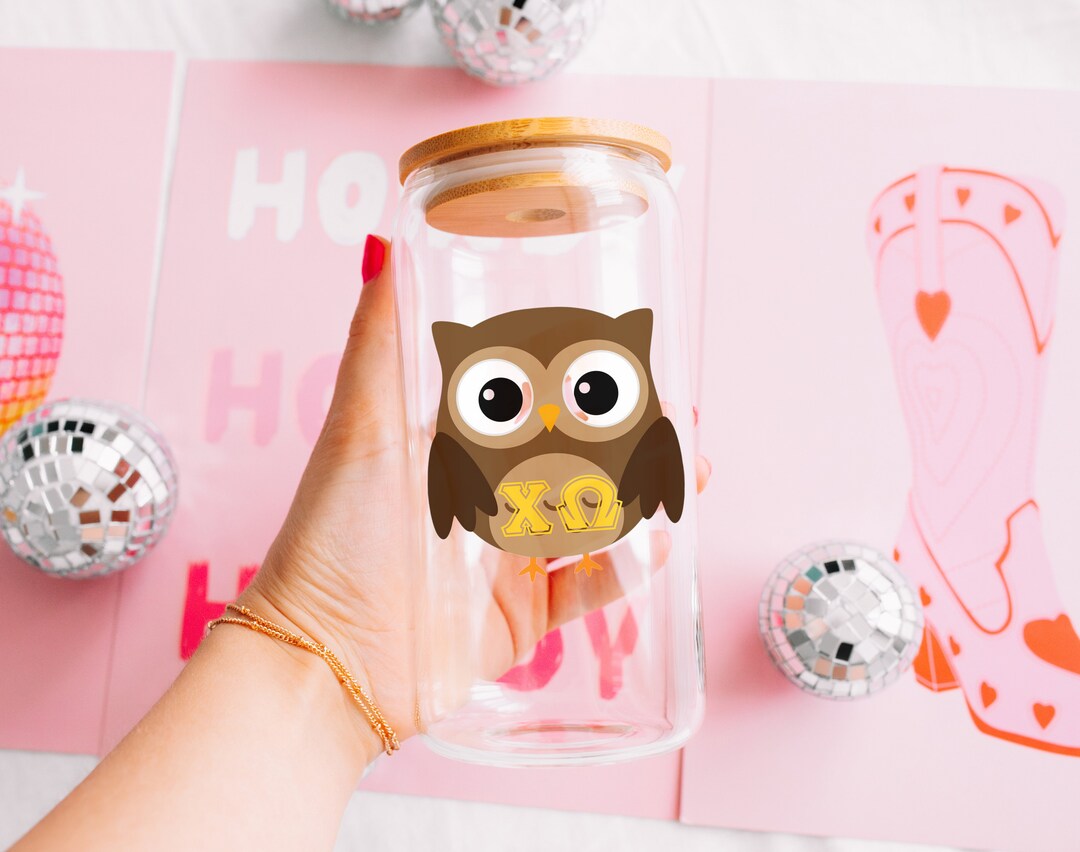 Chi Omega Glass Can Tumbler for Iced Drinks, Chi O Cup, Chi O Owl, Big ...