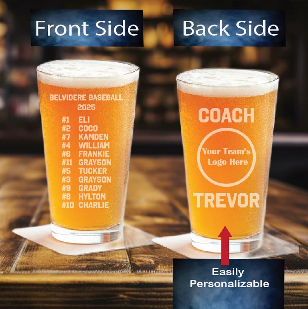 Baseball Coach Custom Team Logo and Roster 2 Sided Pint Glass, Baseball ...