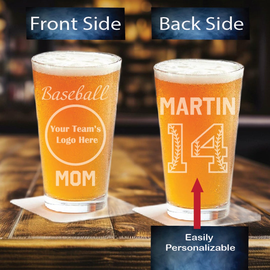 Custom Team Logo Baseball Mom 2 Sided Pint Glass, Baseball Team Pint ...