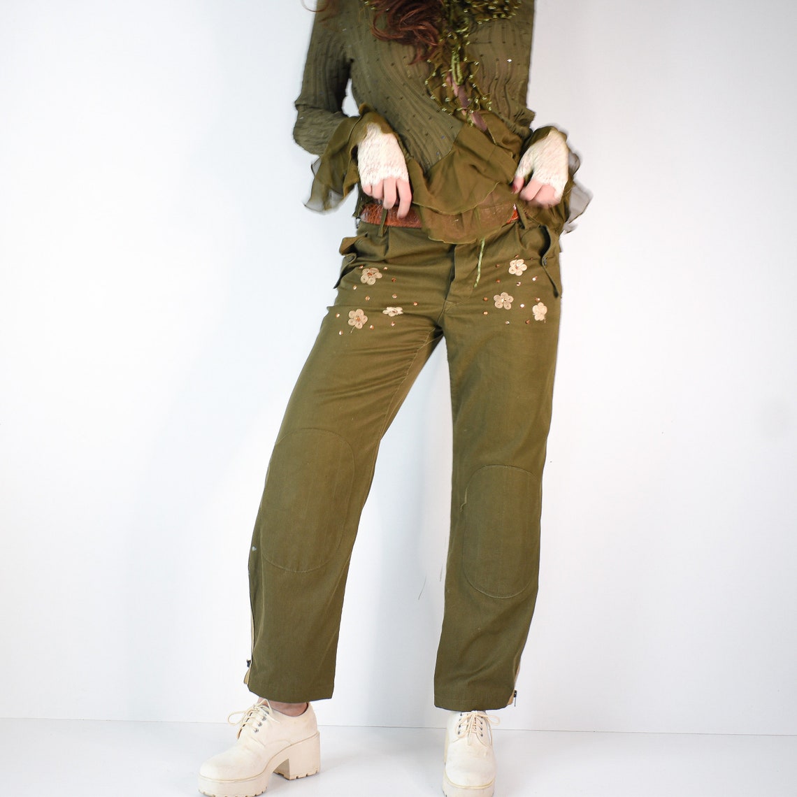 Y2k Khaki Pleated Vargo Pants / Fairy Frunge Flower Embroidery Pants ...