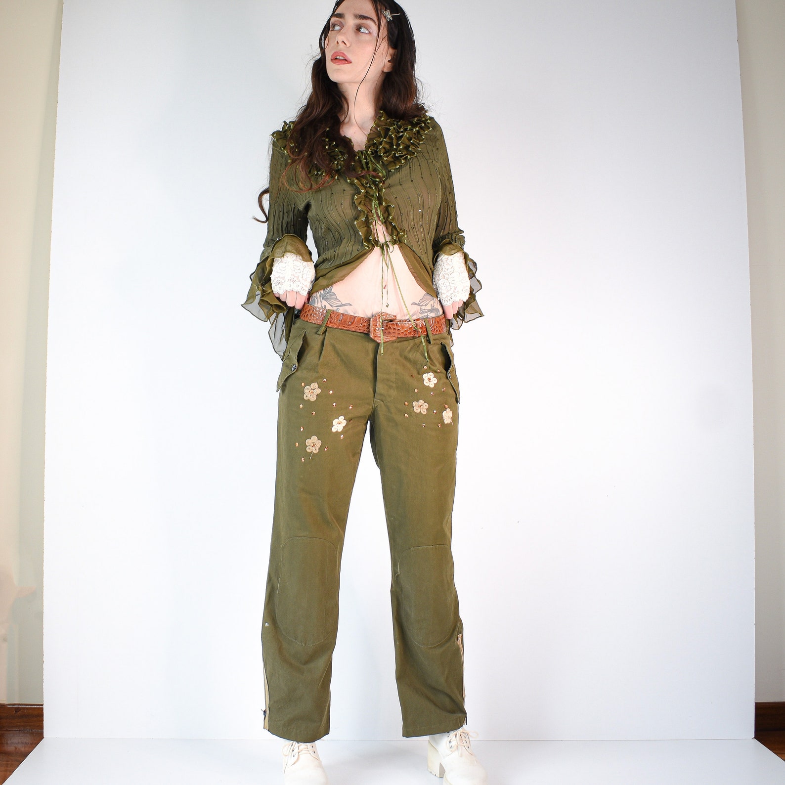 Y2k Khaki Pleated Vargo Pants / Fairy Frunge Flower Embroidery Pants ...