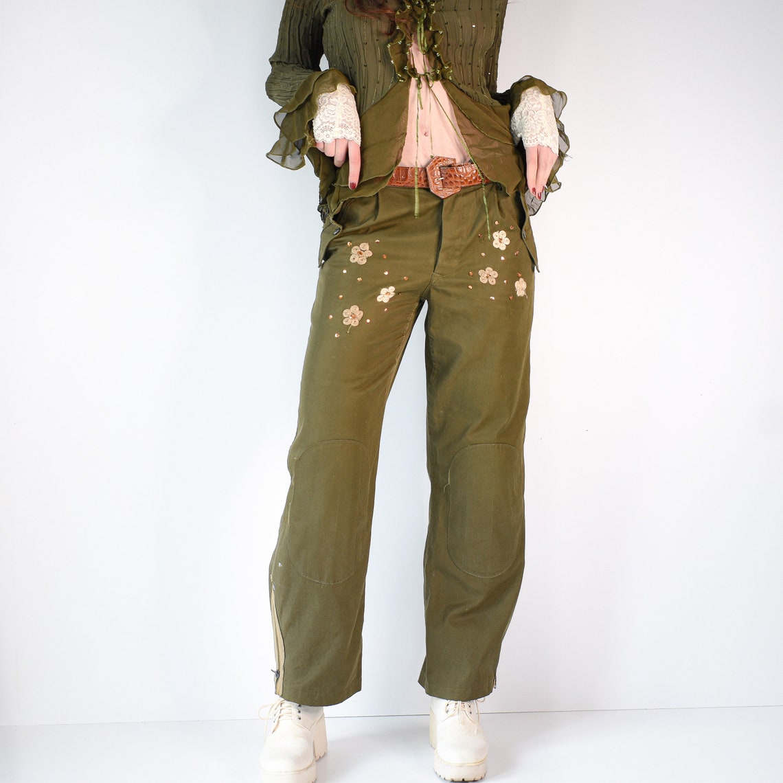 Y2k Khaki Pleated Vargo Pants / Fairy Frunge Flower Embroidery Pants ...