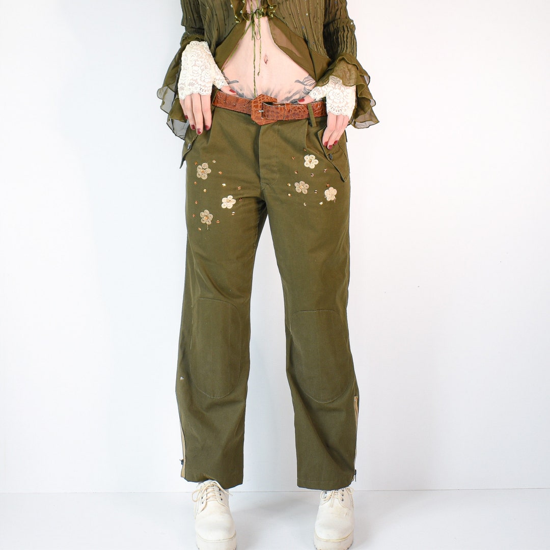 Y2k Khaki Pleated Vargo Pants / Fairy Frunge Flower Embroidery Pants ...