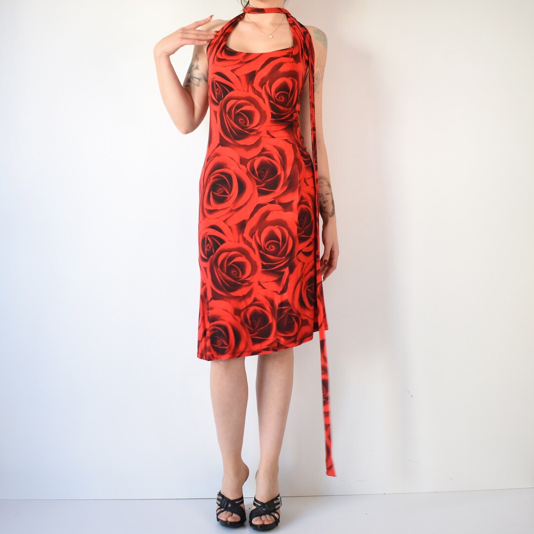 90s Red Roses Midi Halter Bodycon Dress/ Red Roses Bodycon - Etsy