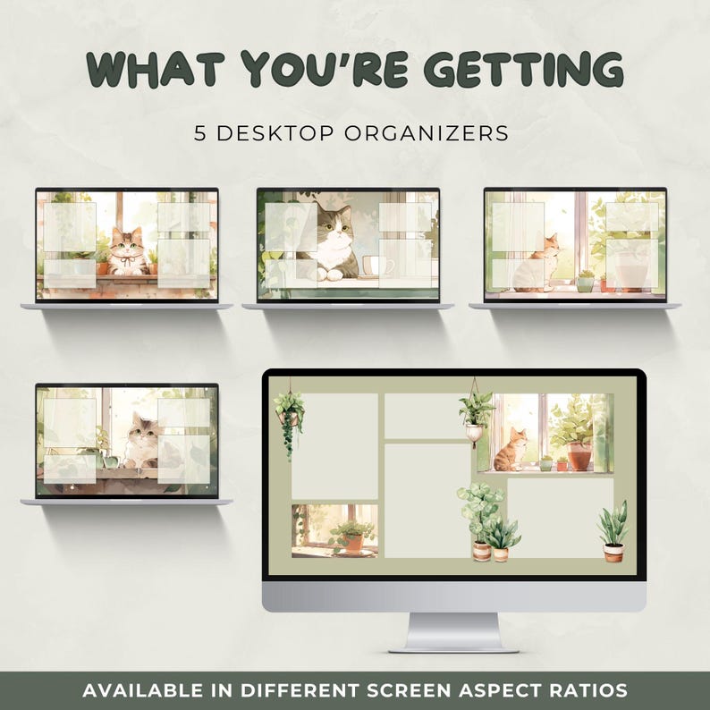 Cats and Plants Desktop Organizer, Cozy Green Wallpaper for Animal ...