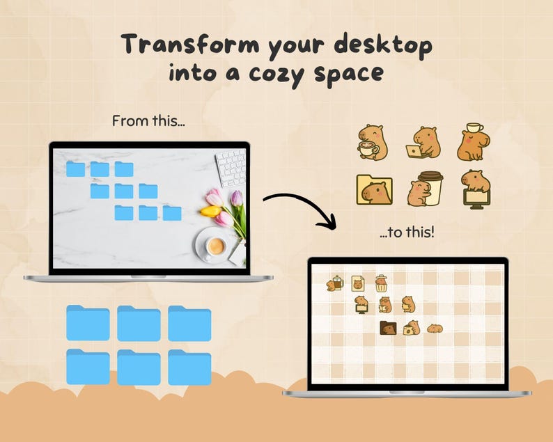 Desktop Icons Capybaras and Coffee, Kawaii Animal Icon Pack for Windows ...