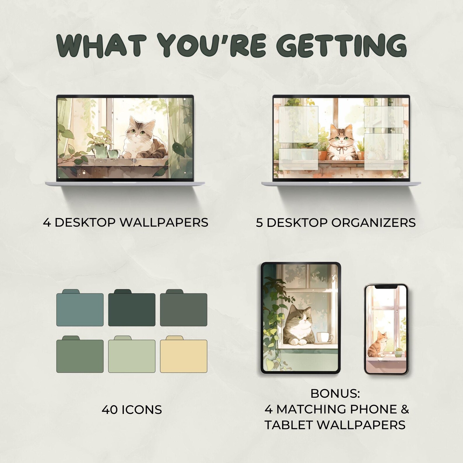 Cats and Plants Desktop Organizer, Cozy Green Wallpaper for Animal ...