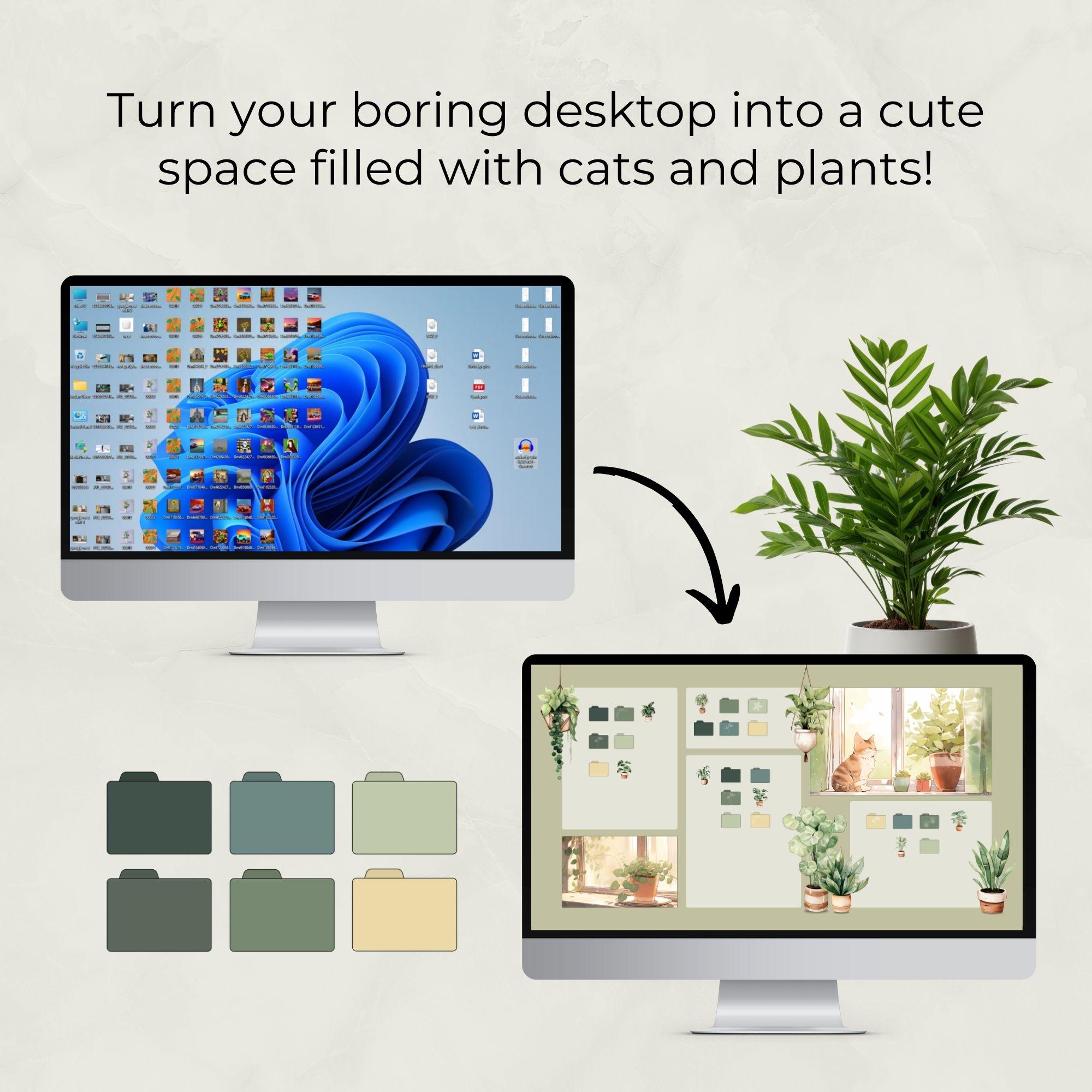 Cats and Plants Desktop Organizer, Cozy Green Wallpaper for Animal ...