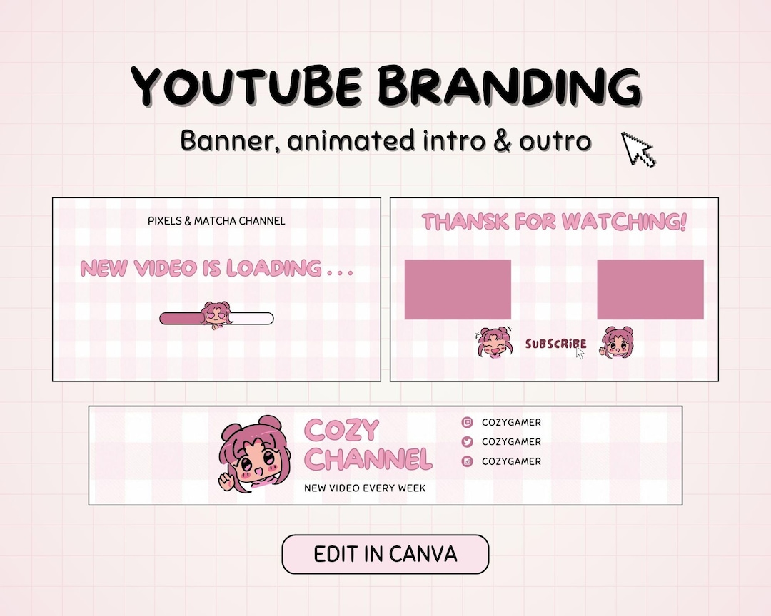 Pink Kawaii Girl Youtube Channel Banner, Cute Pastel Anime Intro ...