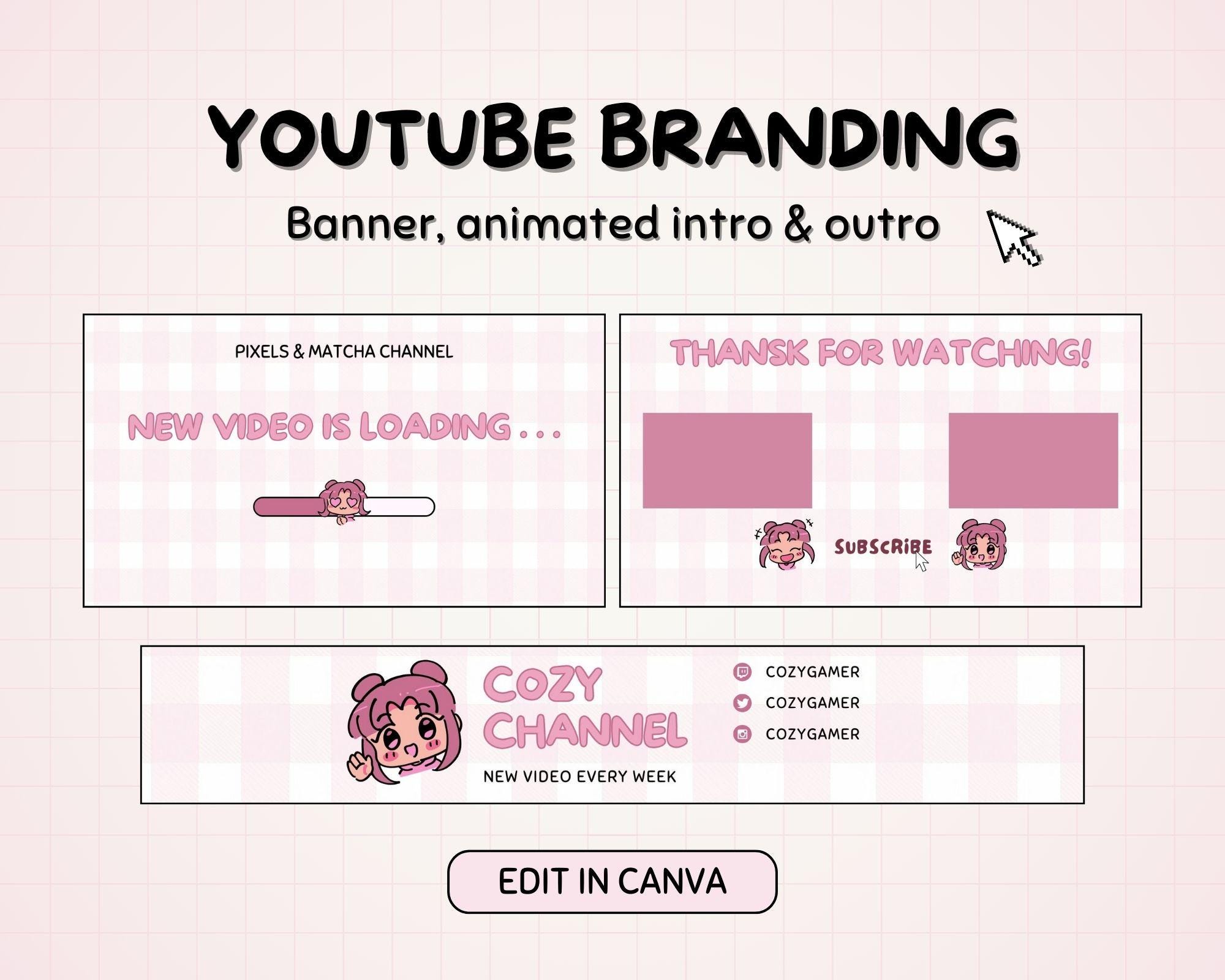 Pink Kawaii Girl Youtube Channel Banner, Cute Pastel Anime Intro ...