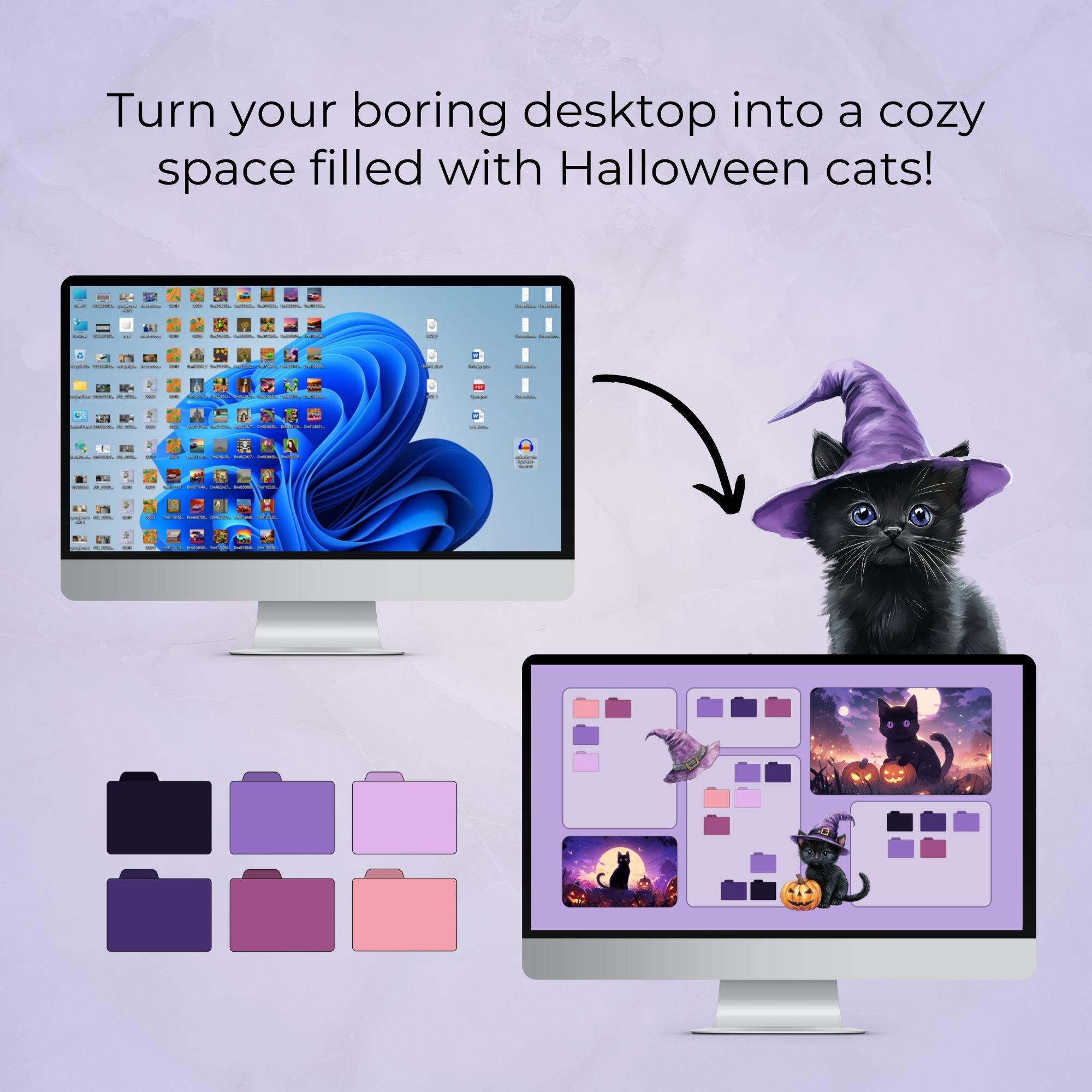 Black Cat Desktop Wallpaper, Cute Kitten & Pumpkin Halloween Organizer ...