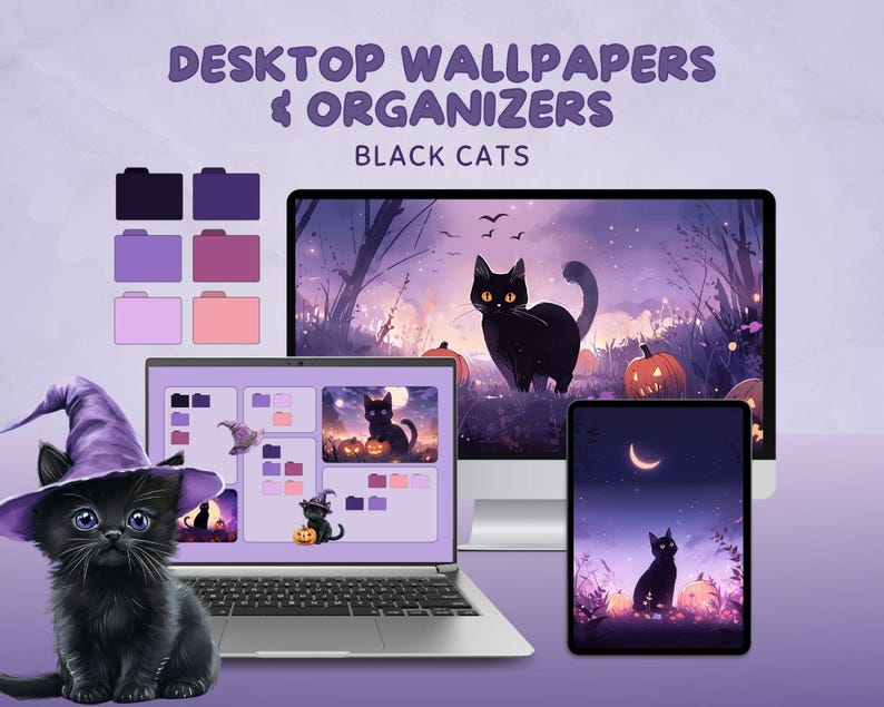 Black Cat Desktop Wallpaper, Cute Kitten & Pumpkin Halloween Organizer ...
