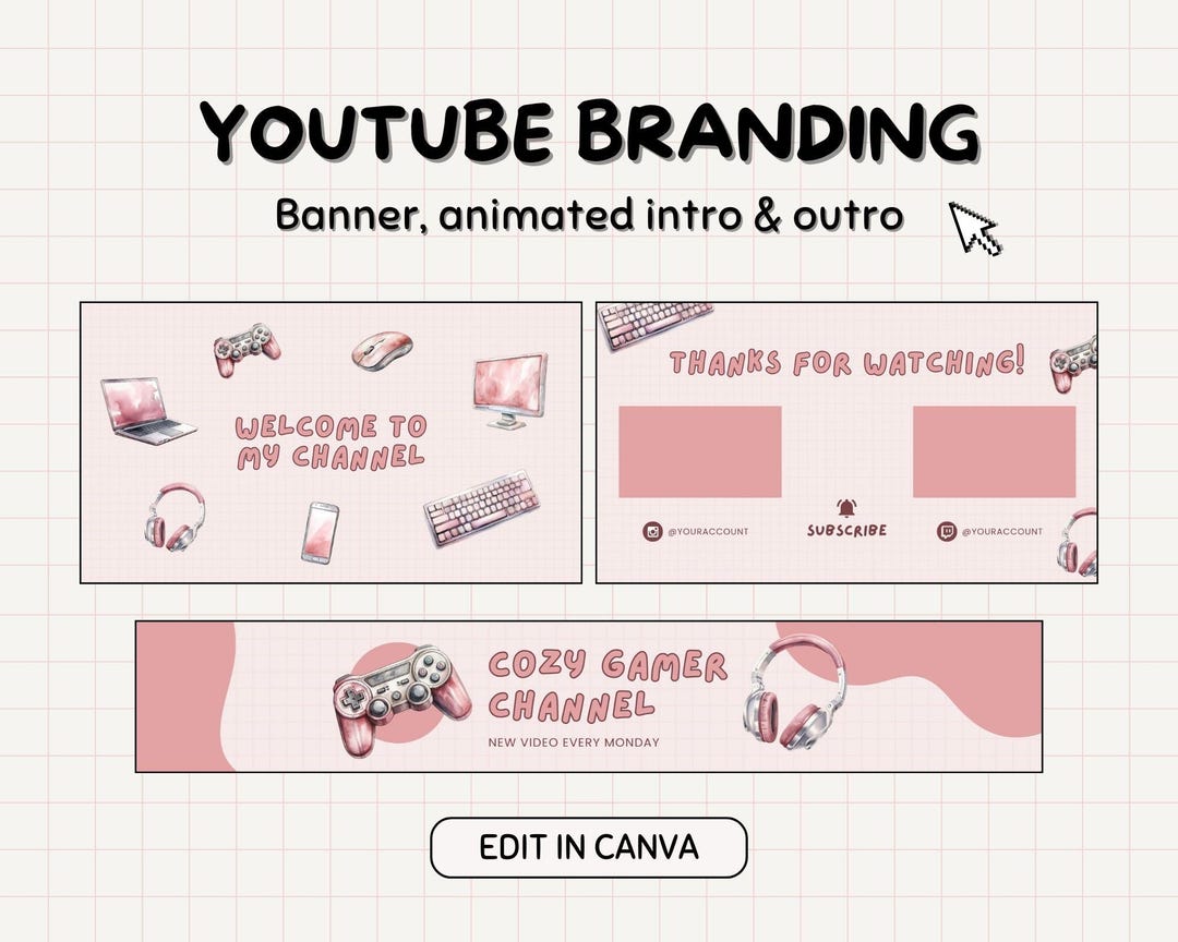 Youtube Branding Kit Gaming With Pink Tech Gadgets, Cute Pastel Gamer ...
