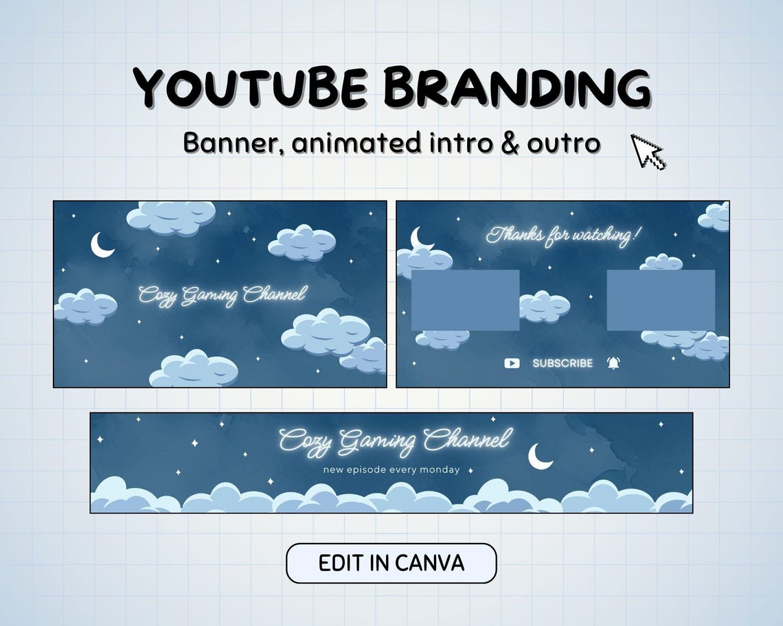 Blue Kawaii Clouds Youtube Channel Banner, Cute Night Sky Intro & Outro ...